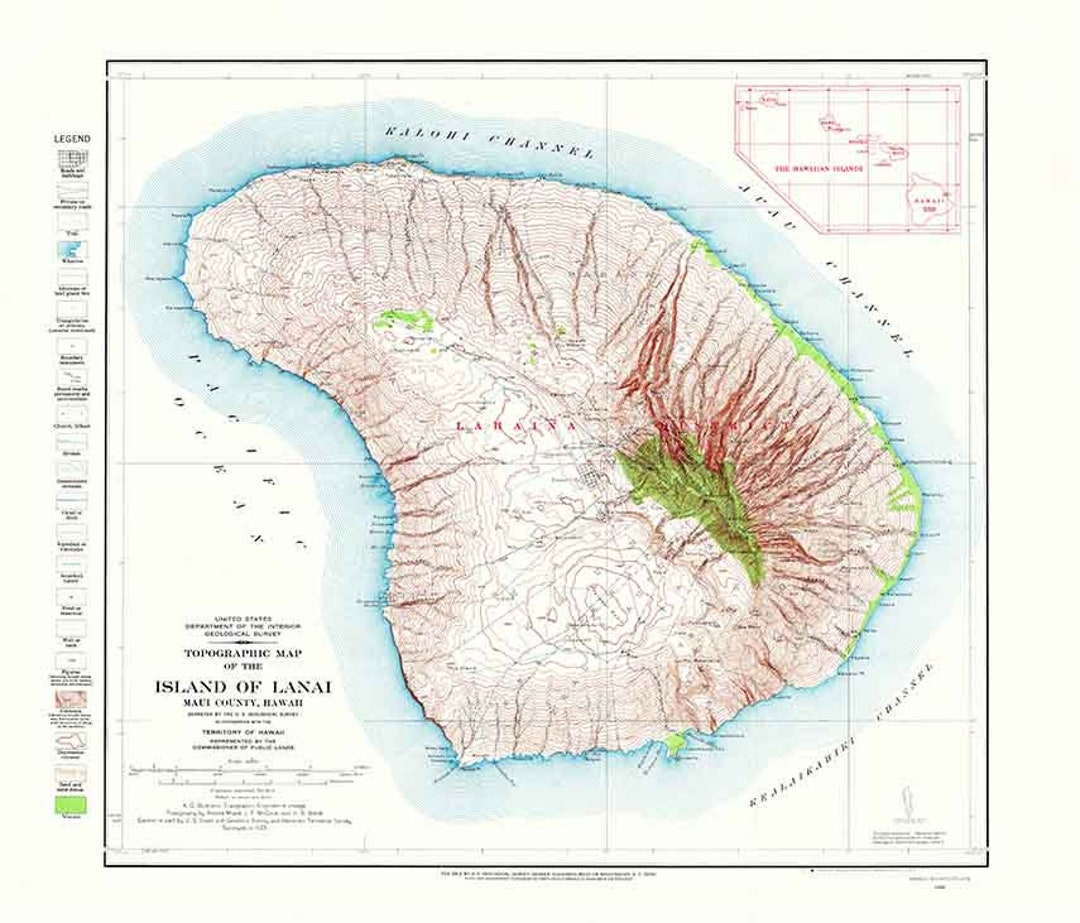 1925 Topo Map of Island of Lanai Hawaii - Etsy