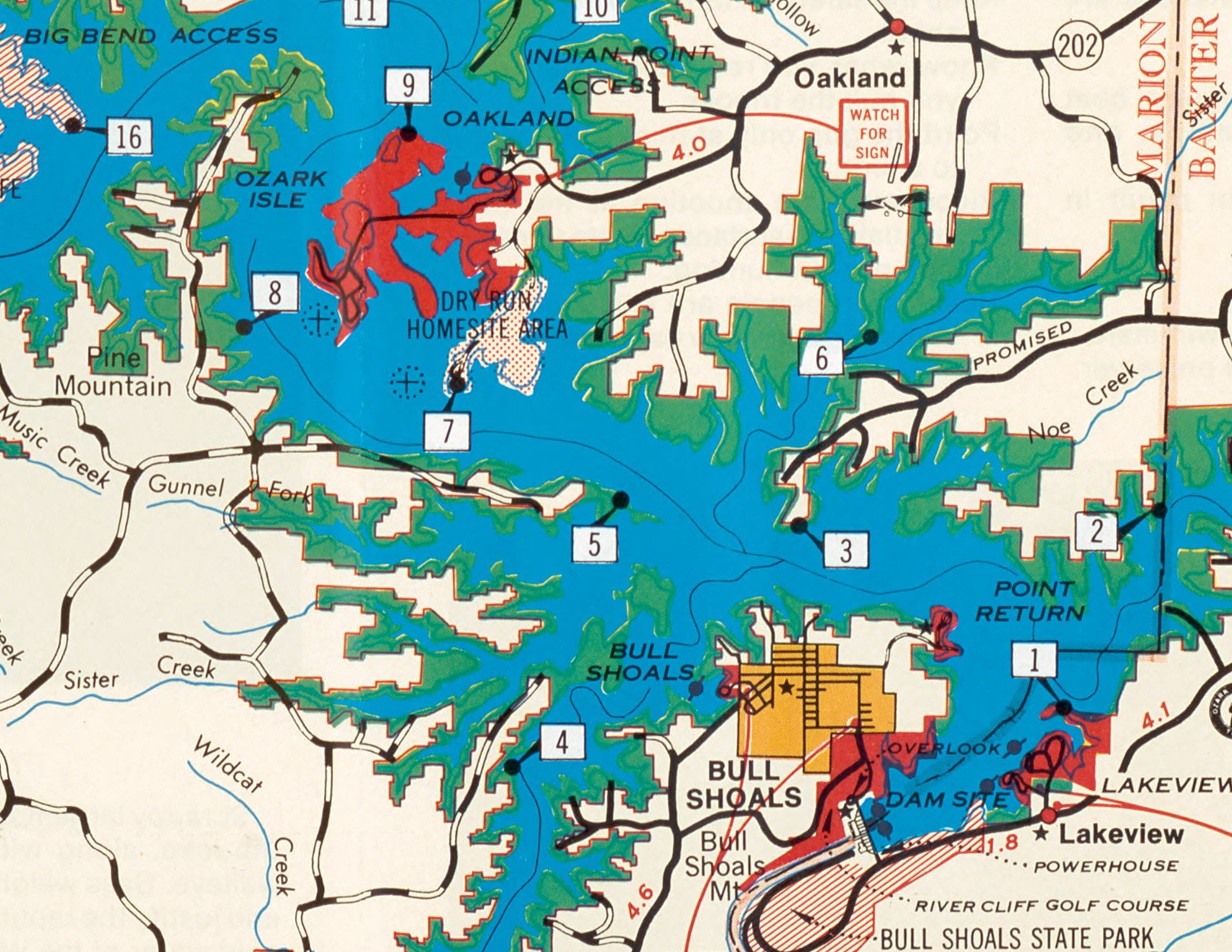 Mapa Del Lago Pinders Bull Shoals Arkansas Twin Lakes Lake Bull