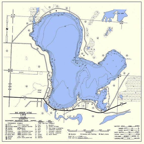 1971 Map of Big Arbor Vitae Lake Vilas County Wisconsin - Etsy