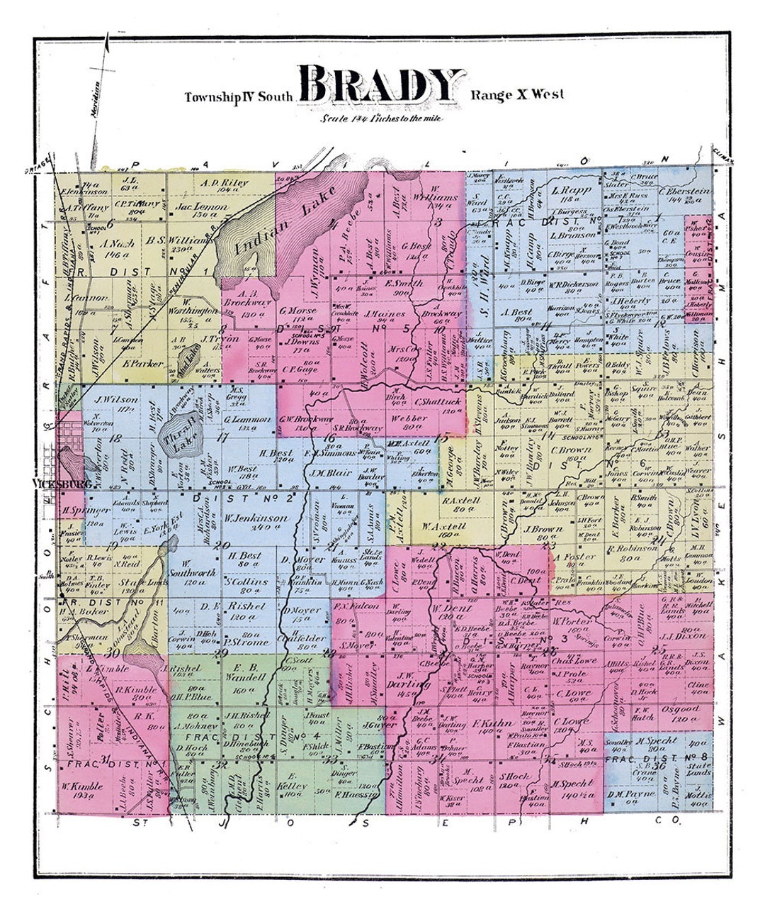 1873 Map of Brady Township Kalamazoo County Michigan - Etsy