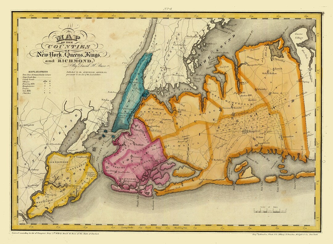 1829 Map of New York Queens Kings and Richmond County New York - Etsy