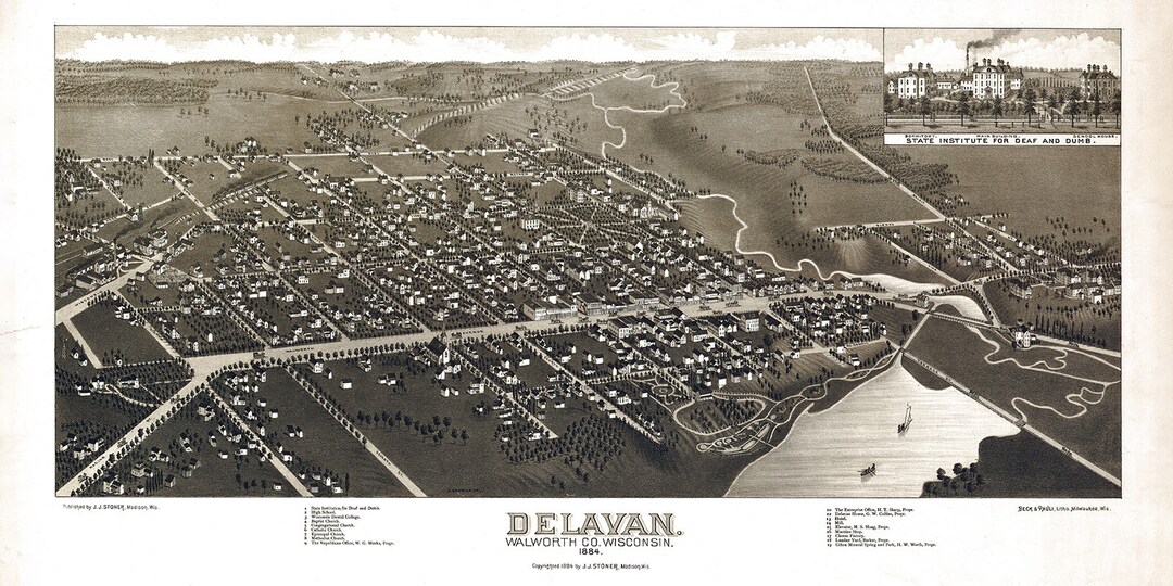 1884 Panoramic Map of Delavan Walworth County Wisconsin Delavan Lake - Etsy