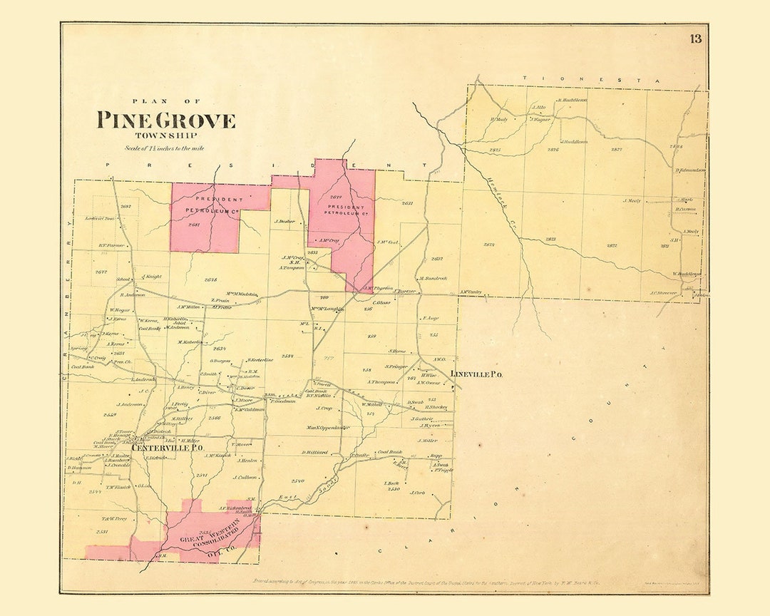 1865 Map of Pine Grove Township Venango County Pennsylvania Oil Region ...
