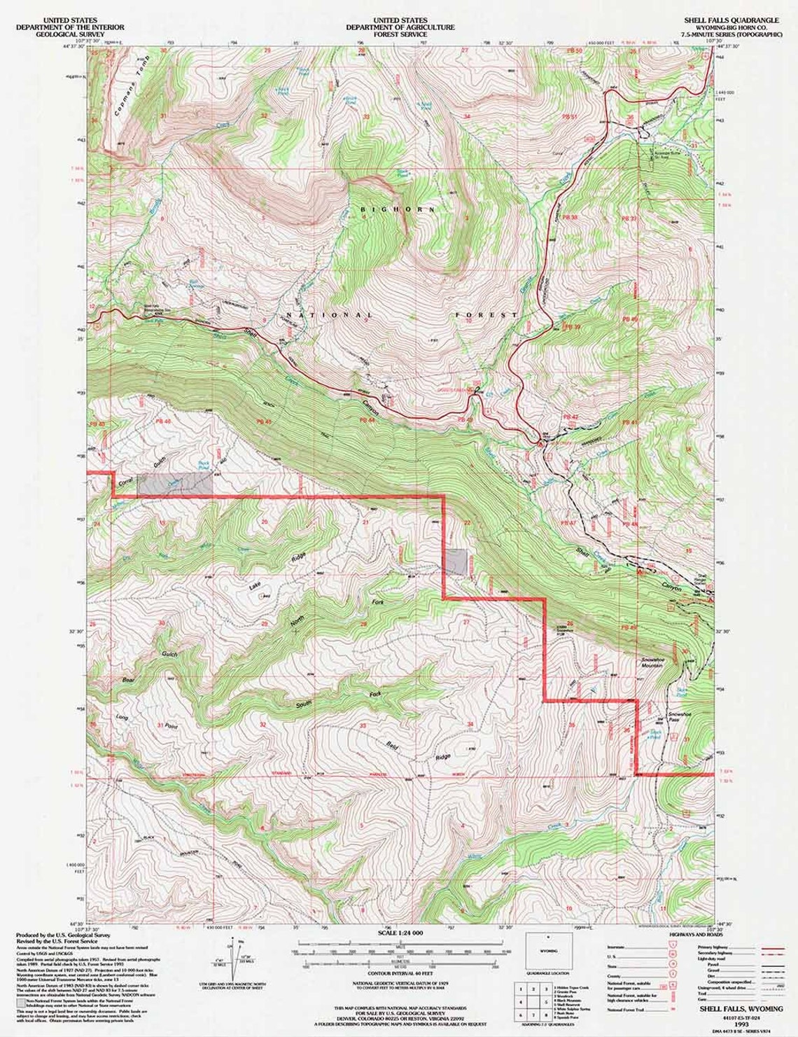 1993 Topo Map of Shell Falls Wyoming WY Bighorn Forest | Etsy