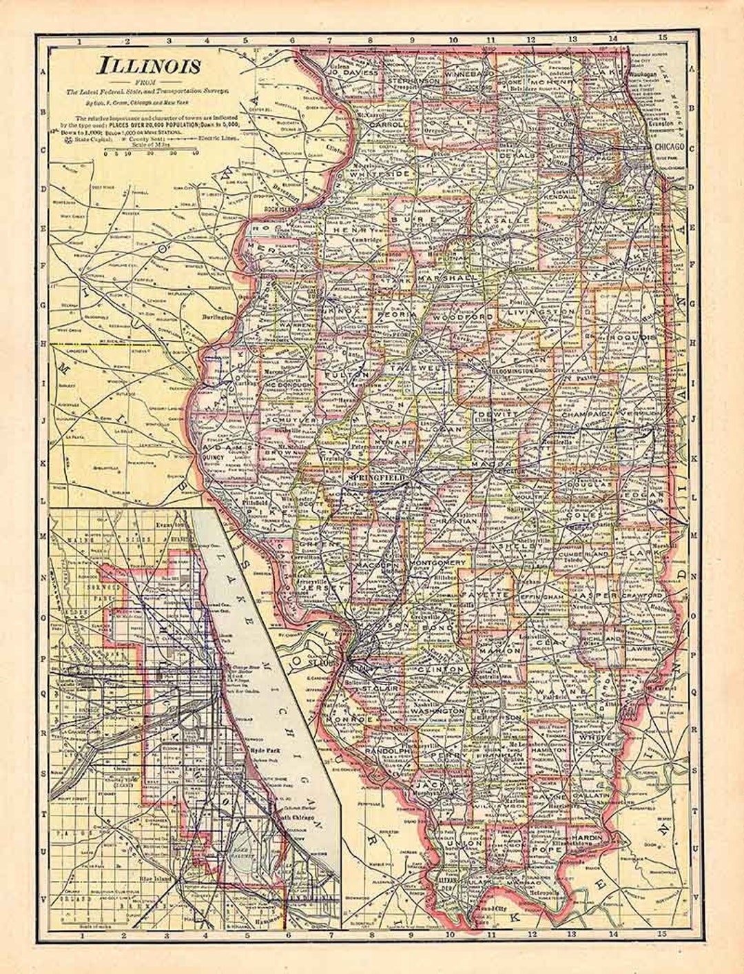 1911 Map of the State of Illinois Lake Michigan - Etsy
