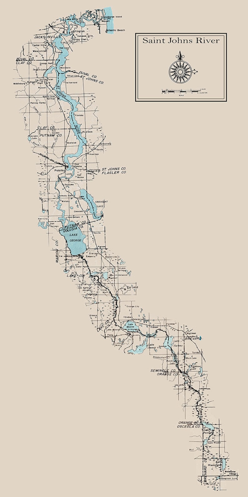 Map of the Saint Johns River Florida - Etsy