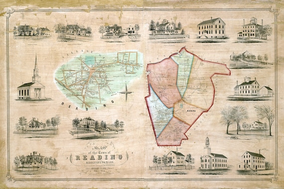 1854 Town Map of Reading Middlesex County Massachusetts | Etsy