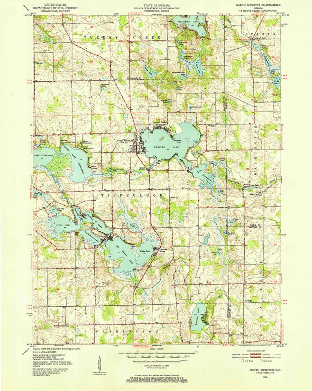 1950 Topo Map of North Webster Quadrangle Indiana Lake Webster - Etsy