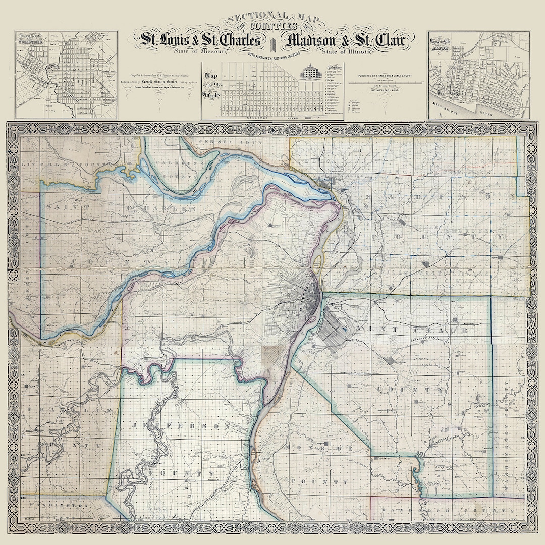 1857 Map of St Louis and St Charles County Missouri and Adjoining ...