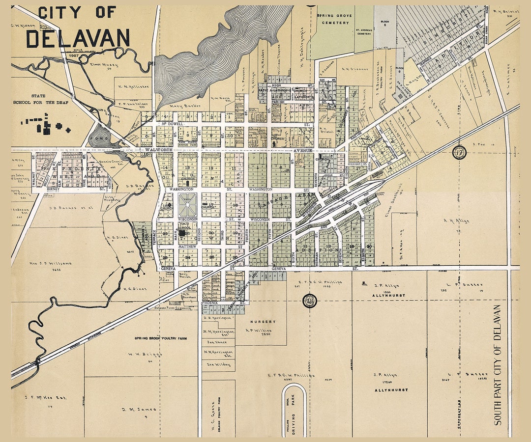 1907 Town Map of Delavan Walworth County Wisconsin - Etsy