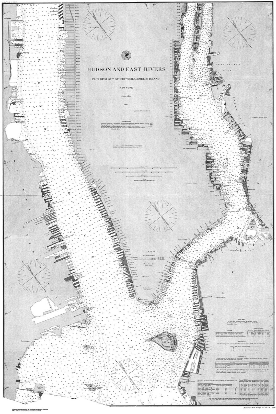 1887 Nautical Chart Map of the Hudson and East Rivers Long Island New ...