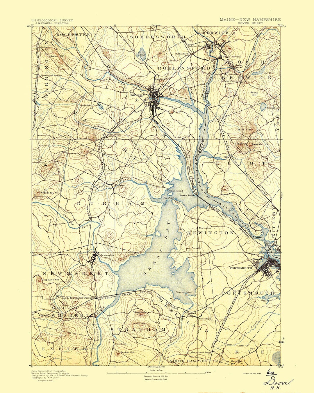 1893 Topo Map of Dover New Hampshire Great Bay Region - Etsy