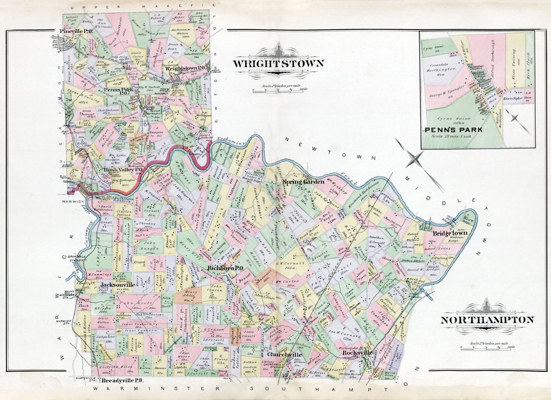 1891 Map of Wrightstown and Northhampton Township Bucks County ...