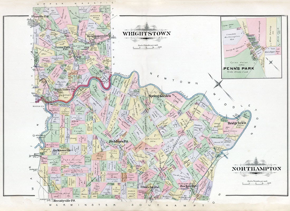 1891 Map of Wrightstown and Northhampton Township Bucks County ...
