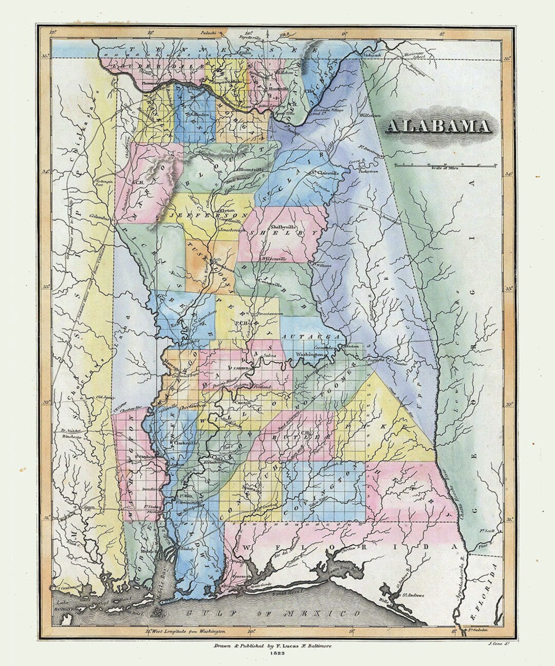 1823 Map of Alabama - Etsy