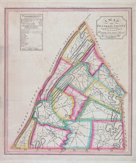 1823 Map of Franklin County Pennsylvania - Etsy
