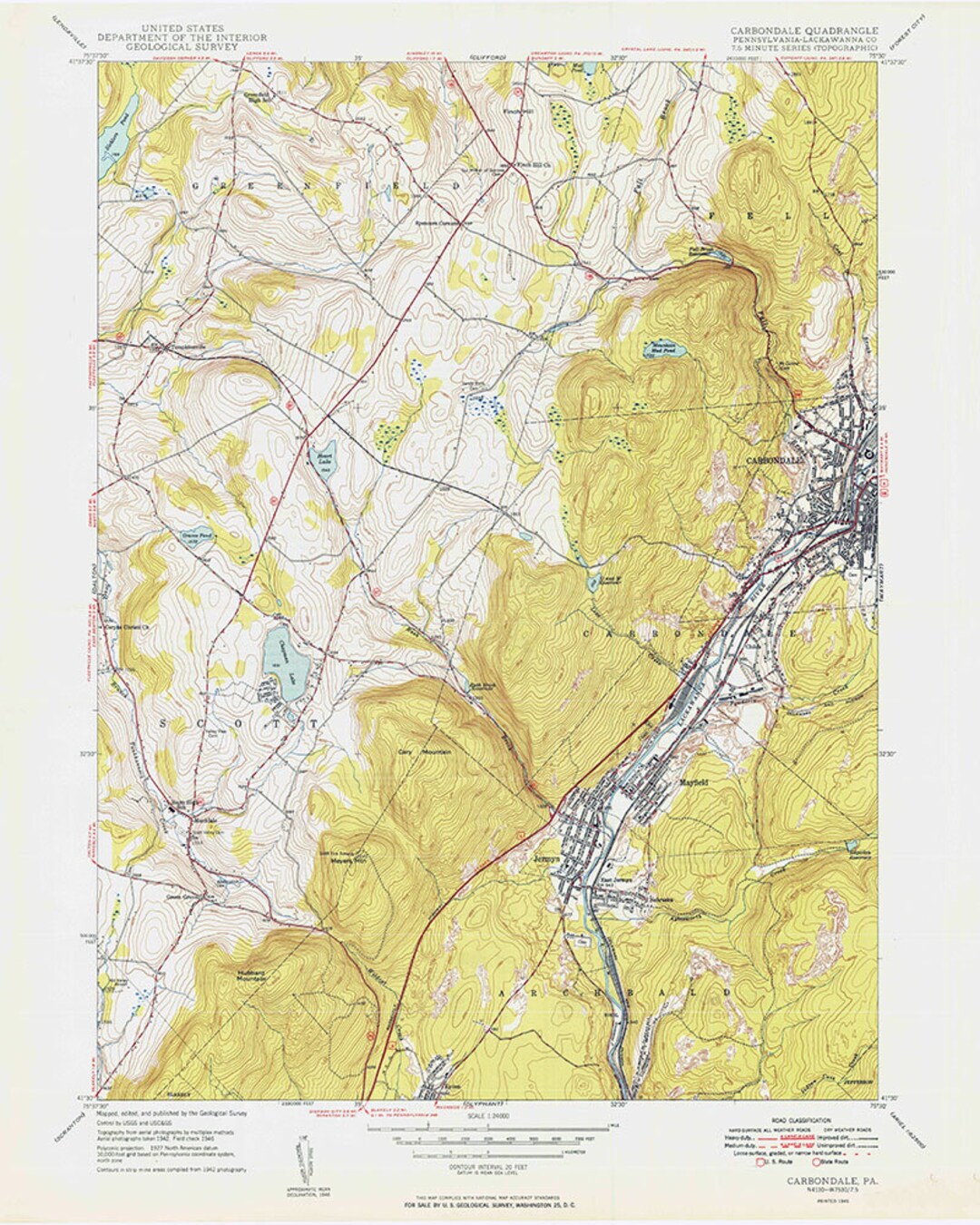 1949 Topo Map of Carbondale Pennsylvania Quadrangle - Etsy