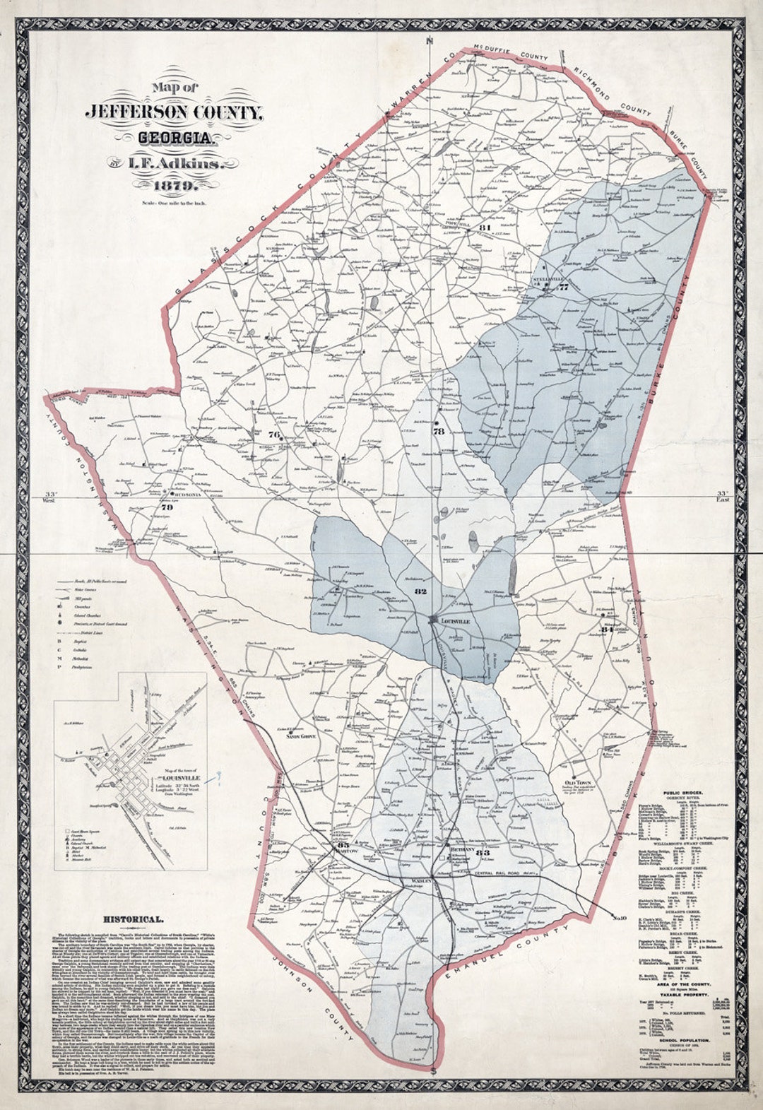 1879 Map of Jefferson County Georgia Louisville Reproduction - Etsy