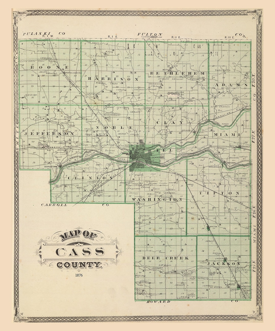 1876 Map of Cass County Indiana - Etsy