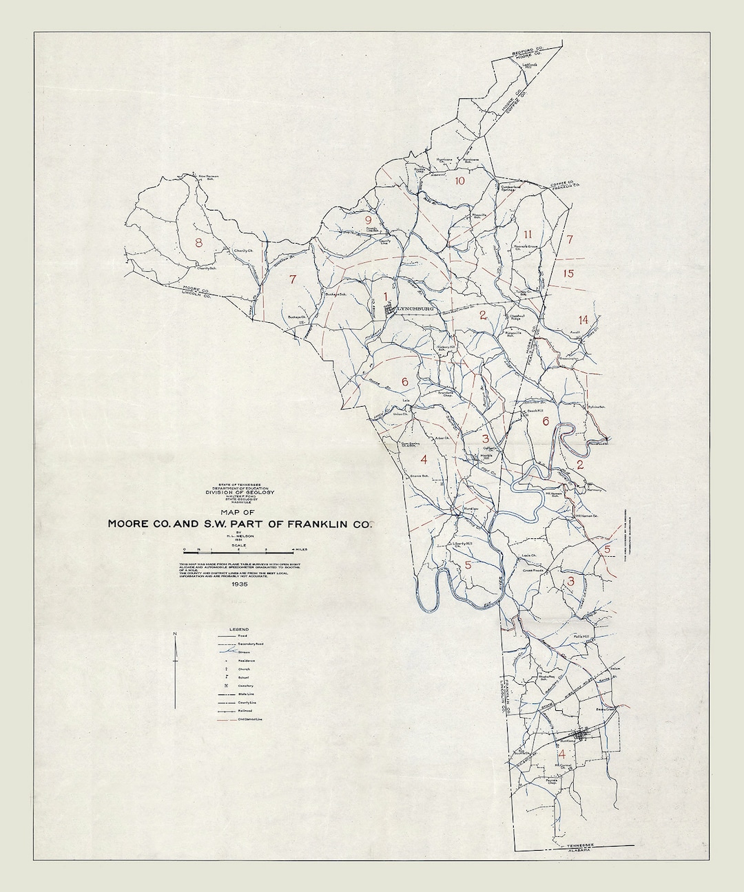 1935 Map of Moore County Tennessee - Etsy