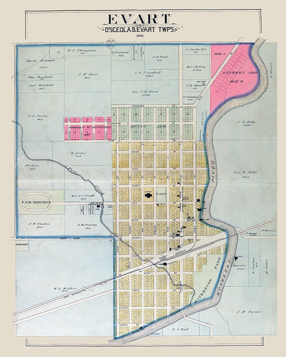 1900 Town Map of Evart Osceola County Michigan | Etsy