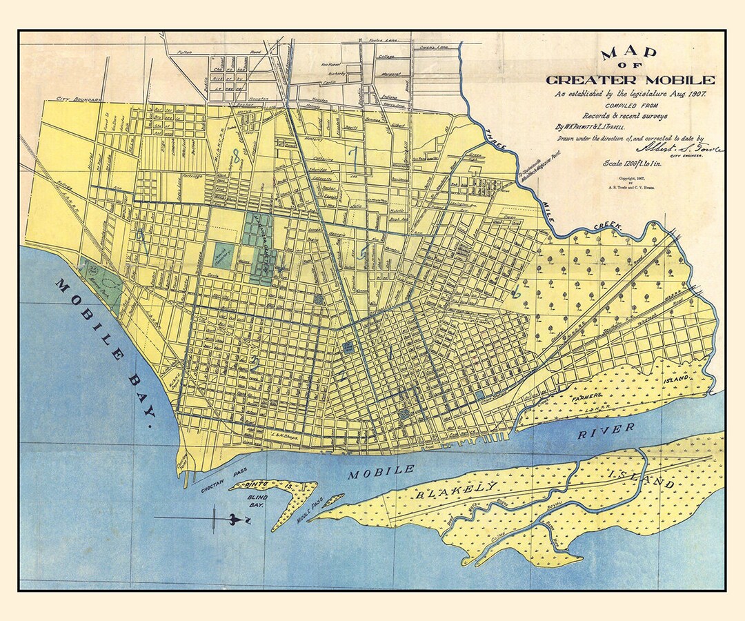 1907 Map of Mobile Alabama - Etsy