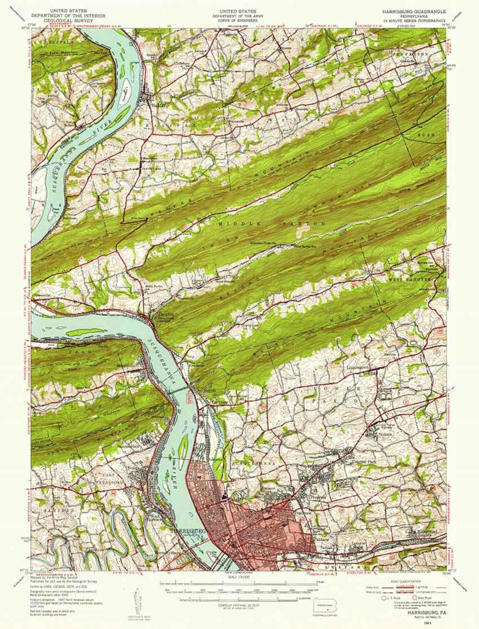 1943 Topo Map of Harrisburg Pennsylvania Susquehanna River - Etsy