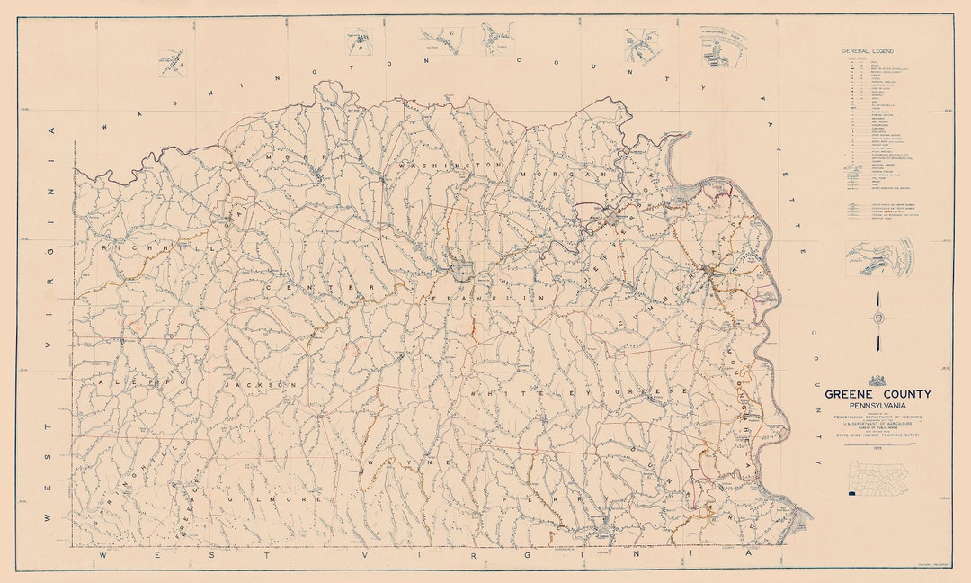 1938 Farm House Map of Greene County Pennsylvania Carmichaels ...