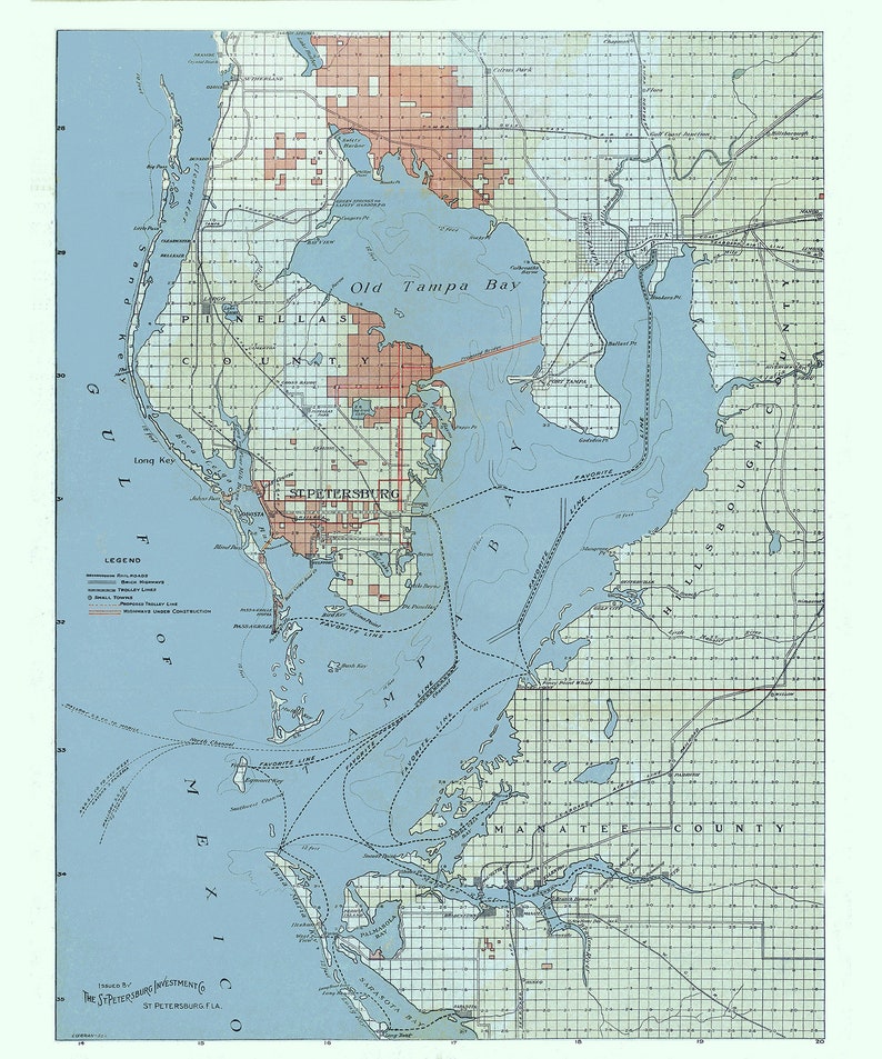1920 Map of Tampa Bay Florida and Pinellas Peninsula - Etsy