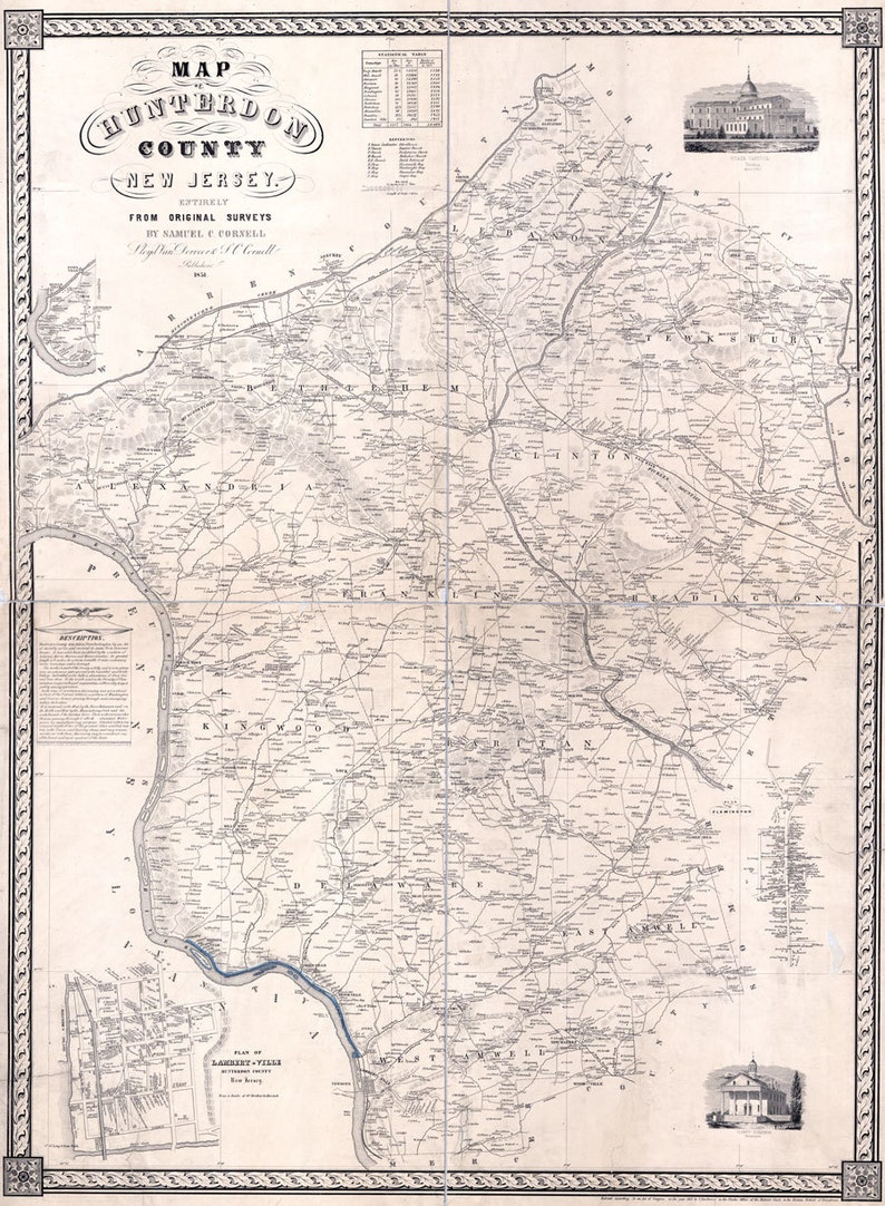 1851 Map of Hunterdon County New Jersey Lambertville | Etsy