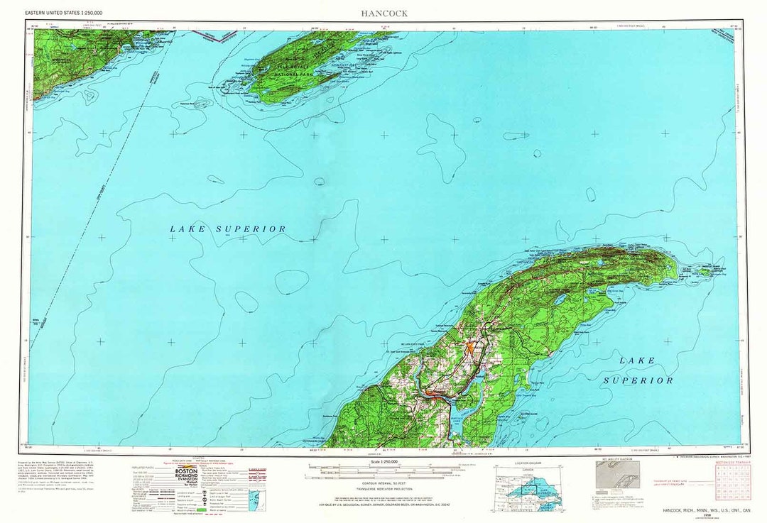 1958 Topo Map Of Hancock Michigan Lake Superior Etsy