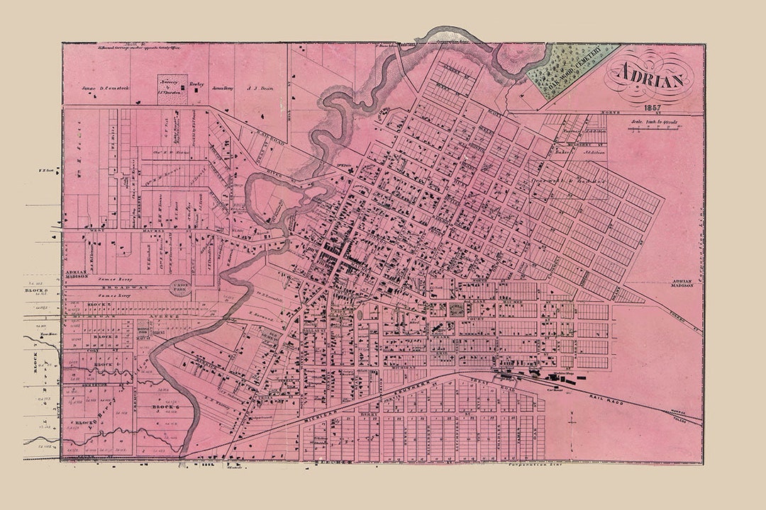 1857 Town Map of Adrian Lenawee County Michigan - Etsy