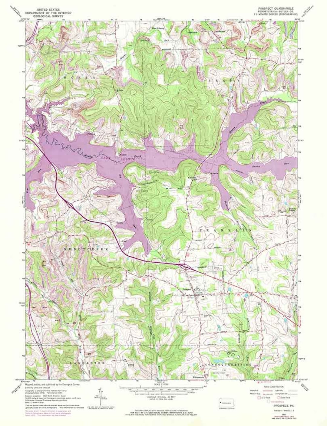 1961 Topo Map of Prospect PA Quadrangle Moraine State Park Lake Arthur ...
