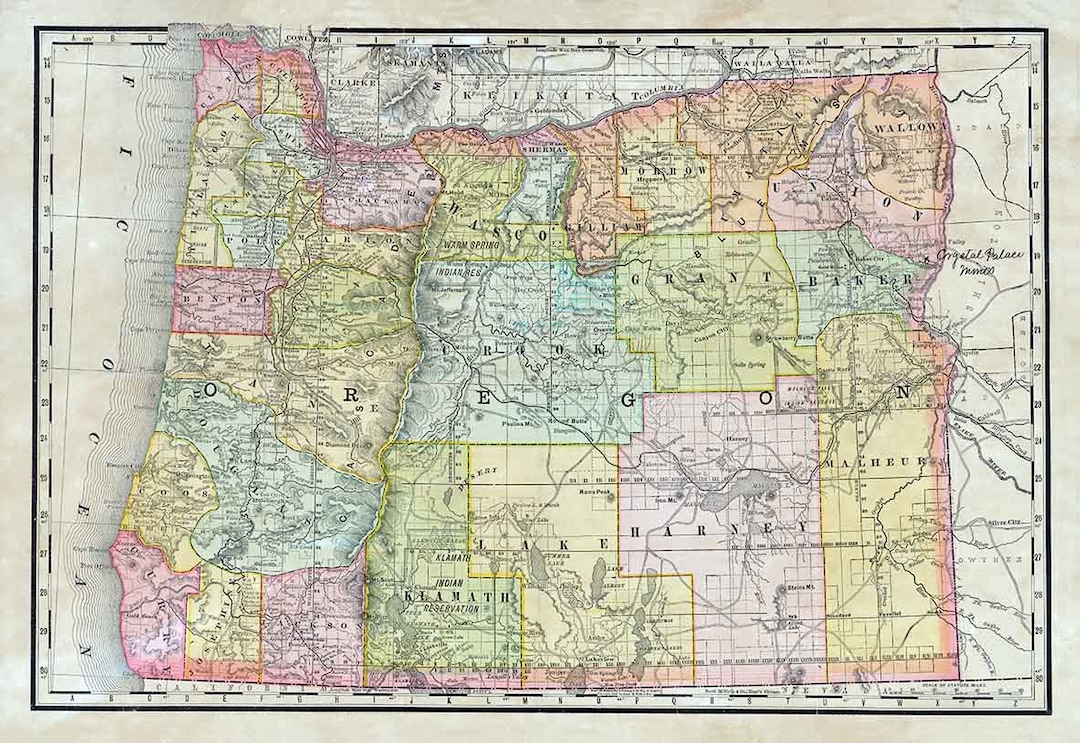 1889 Map of Oregon - Etsy
