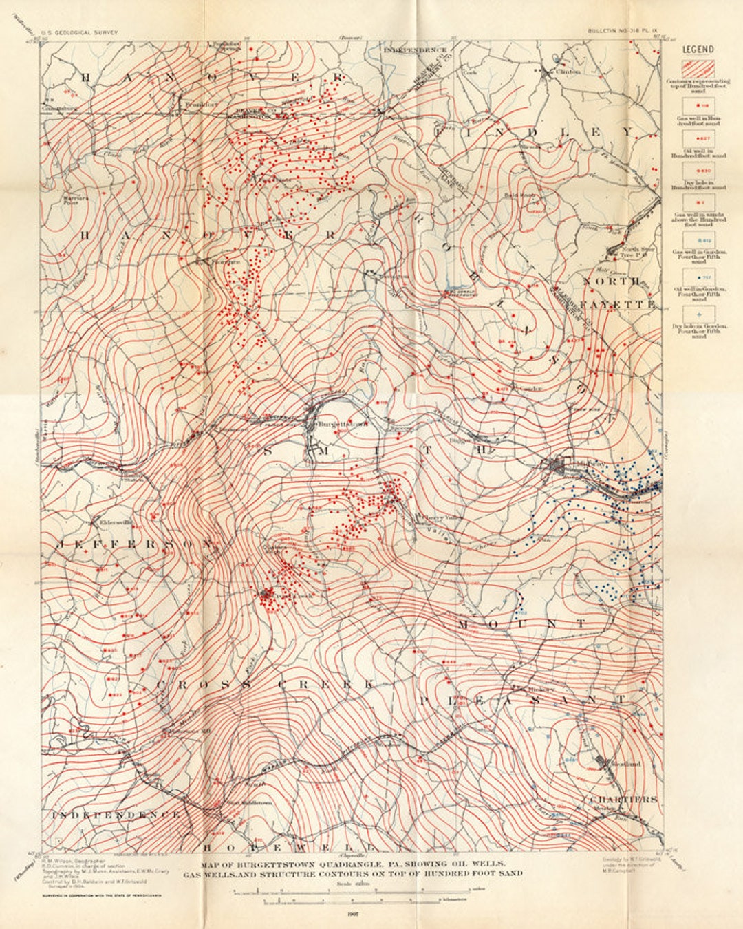 1907 Oil & Gas Well Map of Burgettstown Quadrangle Washington County Pa ...