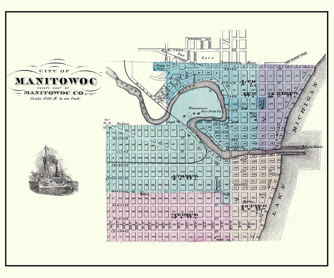 1878 Town Map of Manitowoc Wisconsin - Etsy