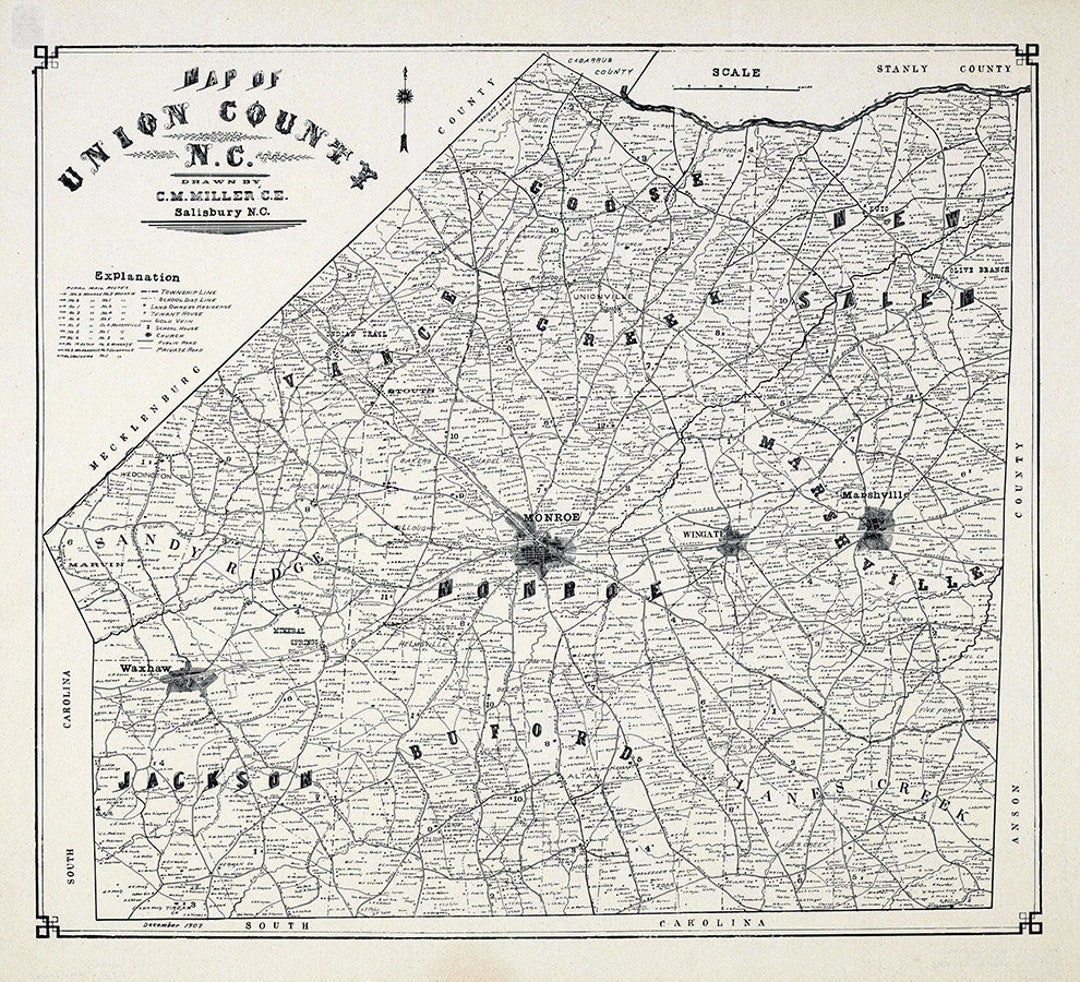 1907 Map of Union County North Carolina Monroe - Etsy