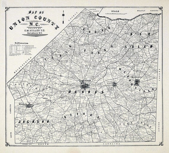 1907 Map of Union County North Carolina Monroe - Etsy