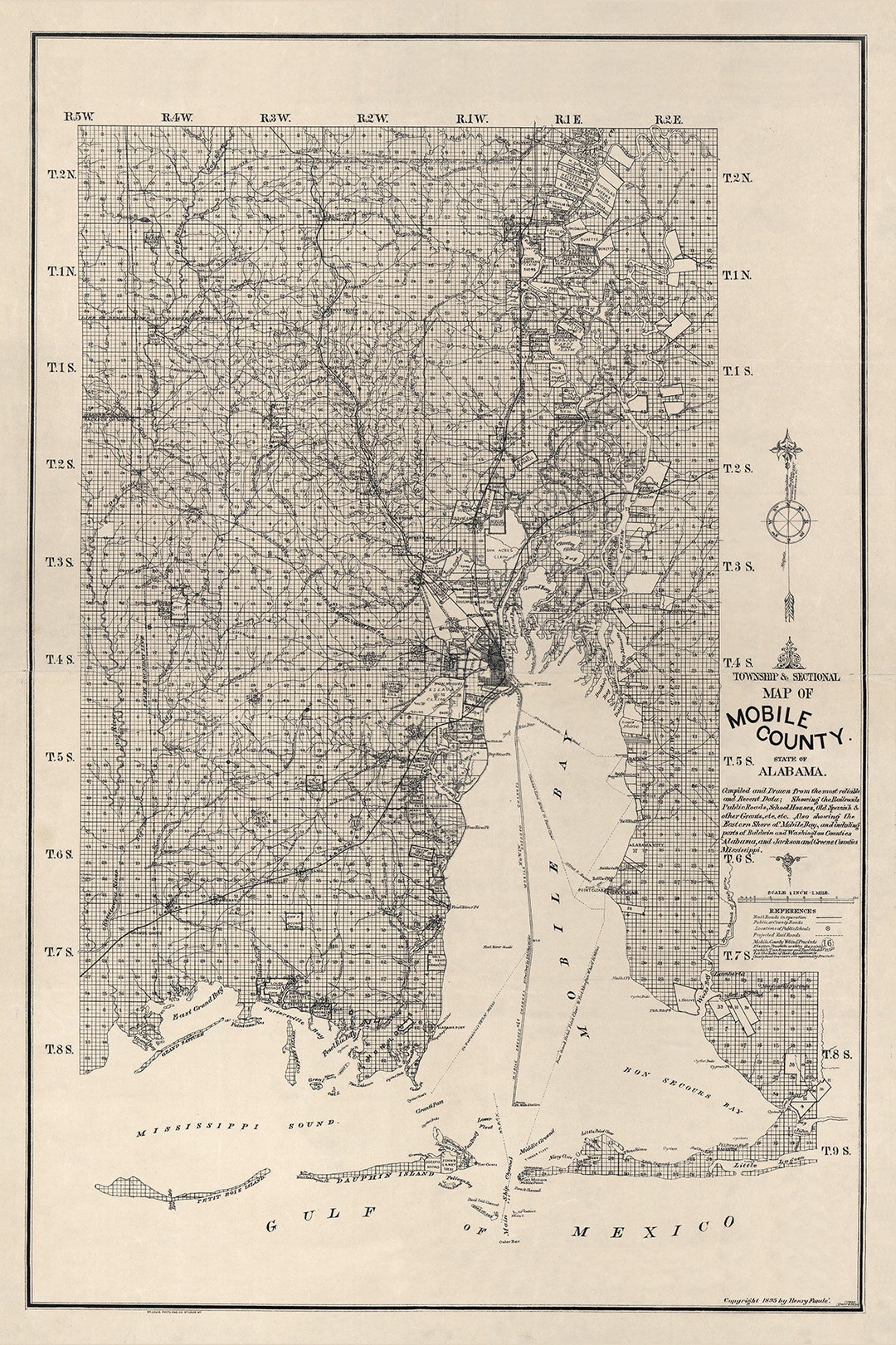 1895 Map of Mobile County Alabama - Etsy