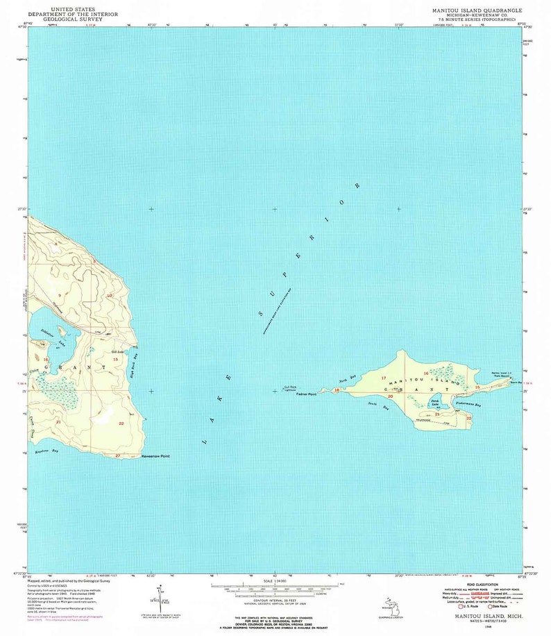 1948 Topo Map of Manitou Island Michigan Lake Superior - Etsy