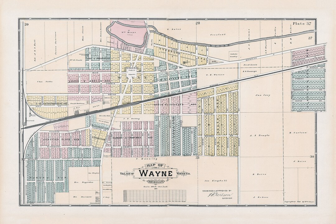 1893 Town Map of Wayne Wayne County Michigan - Etsy
