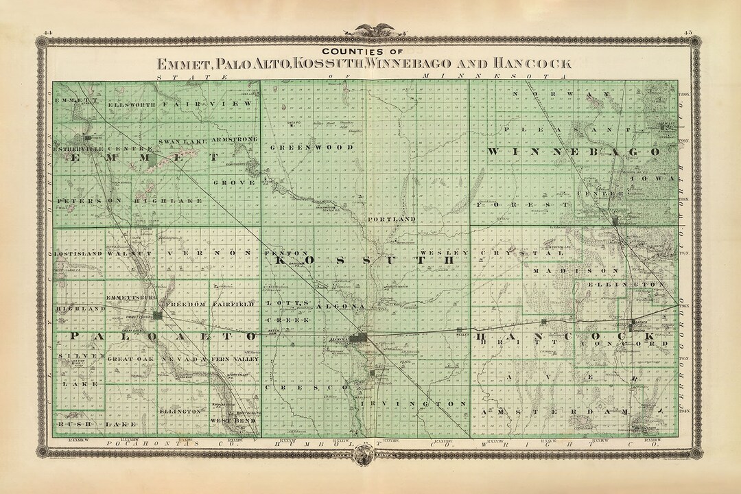 1875 Map of Emmet Palo Alto Kossuth Winnebago and Hancock County Iowa ...