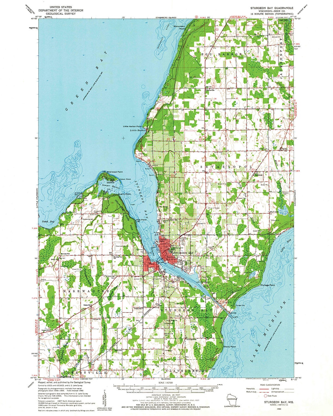 1960 Topo Map of Sturgeon Bay Door County Wisconsin - Etsy