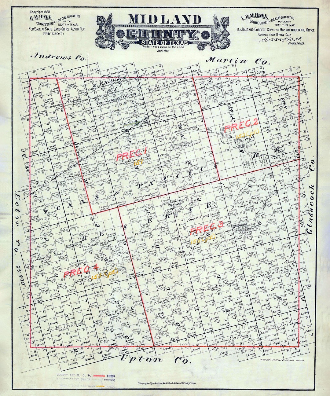 1888 Map of Midland County Texas - Etsy