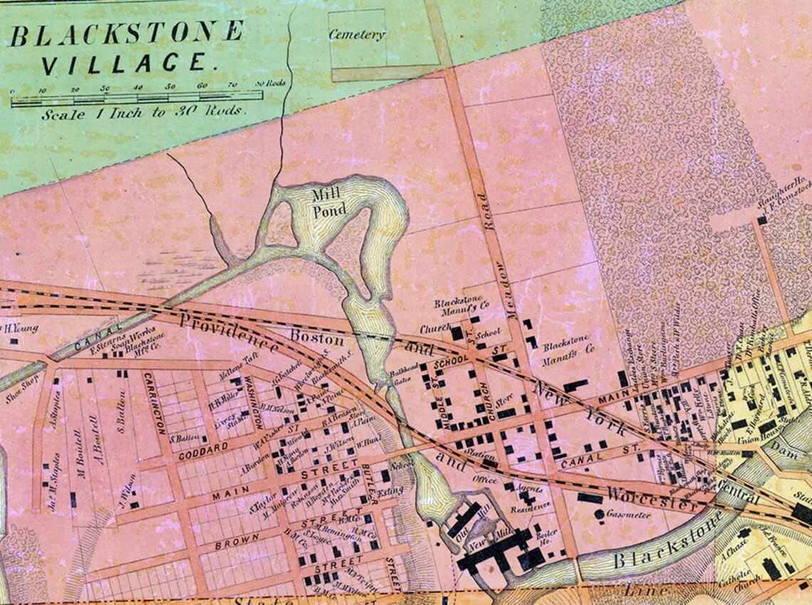 1854 Map of Blackstone Worcester County Massachusetts | Etsy