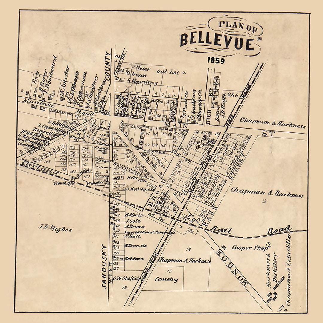 1859 Town Map of Bellevue Huron County Ohio - Etsy