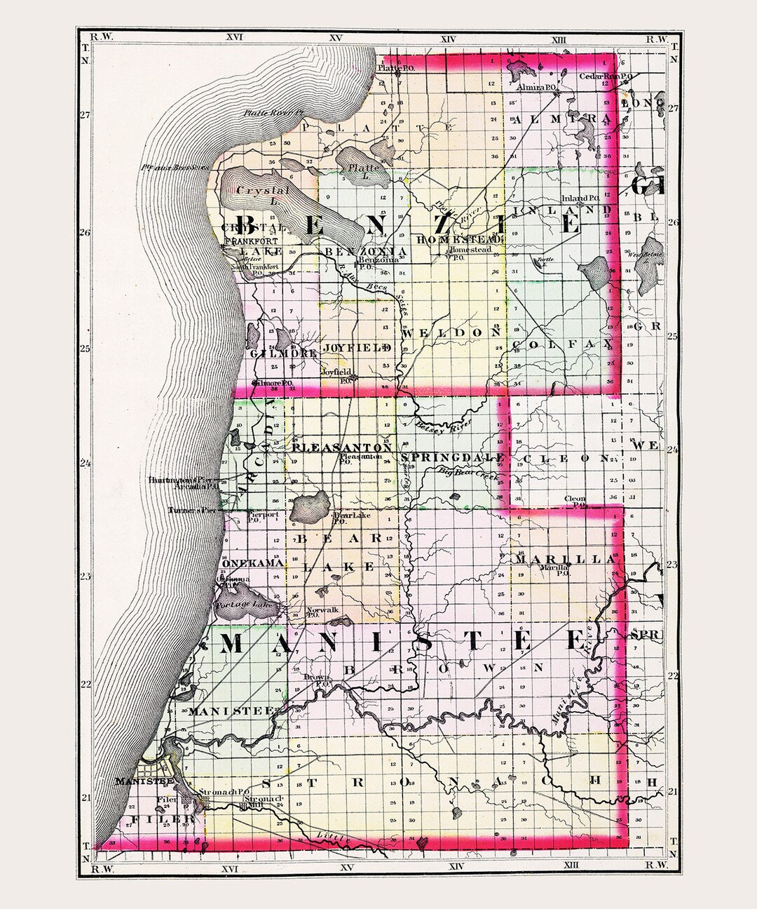 1873 Map of Benzie and Manistee County Michigan - Etsy