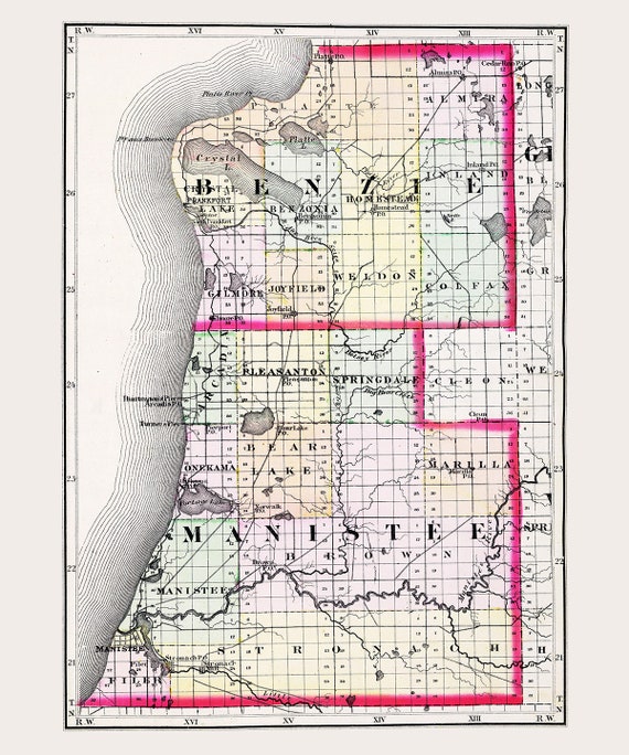 1873 Map of Benzie and Manistee County Michigan - Etsy