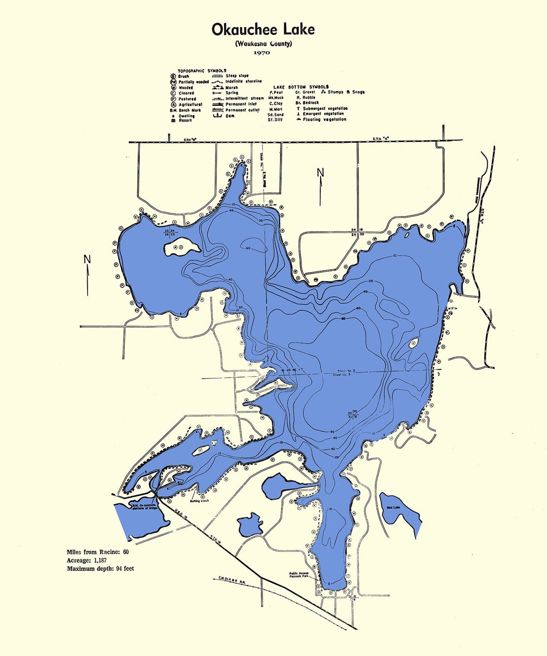 1970 Map of Okauchee Lake Waukesha County Wisconsin - Etsy