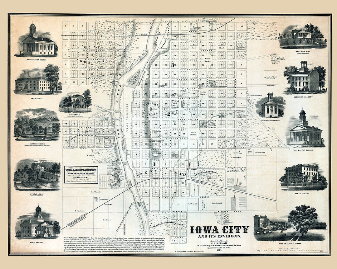 1854 Map of Iowa City Johnson County Iowa - Etsy